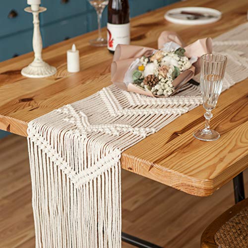 Mkono 100 Inches Macrame Table Runner Woven Wedding Table Decor Handmade Boho Linen with Tassels Vintage Farmhouse Home Decoration for Dining Room Kitchen Thanksgiving Christmas Party, 12 x 100 Inches