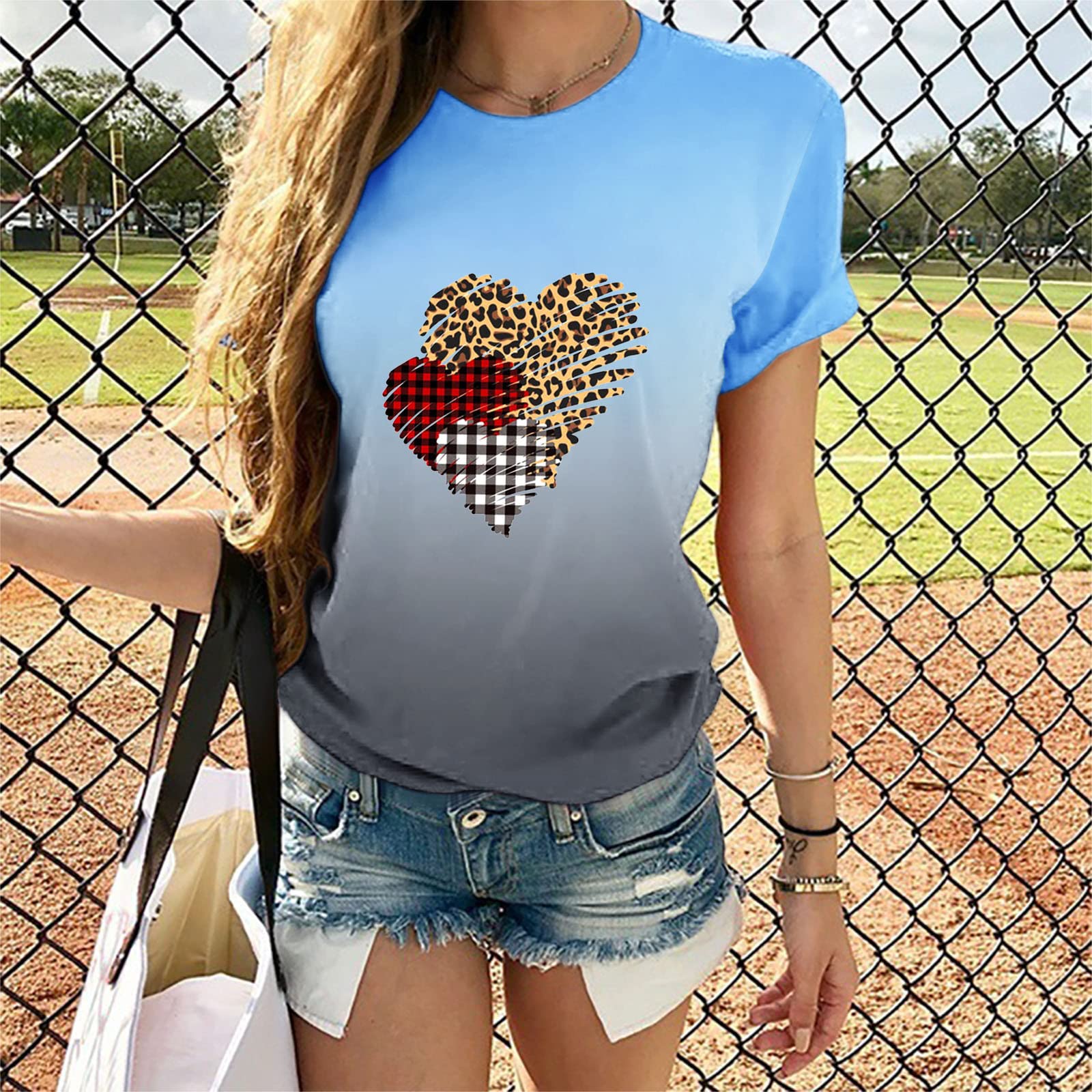 Couples Shirts Womens Blouse Valentine's Day Short Sleeve Love Print Gradient Tie-Dye T Cotton Long Sleeve Tee Women Blue