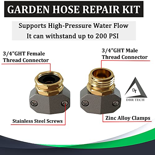 DBR Tech Garden Hose Repair Kit, Male and Female Solid Aluminum Alloy Connectors, Heavy-Duty Rust Resistant Coupler Supports High Water Pressure Systems, 1 Pack