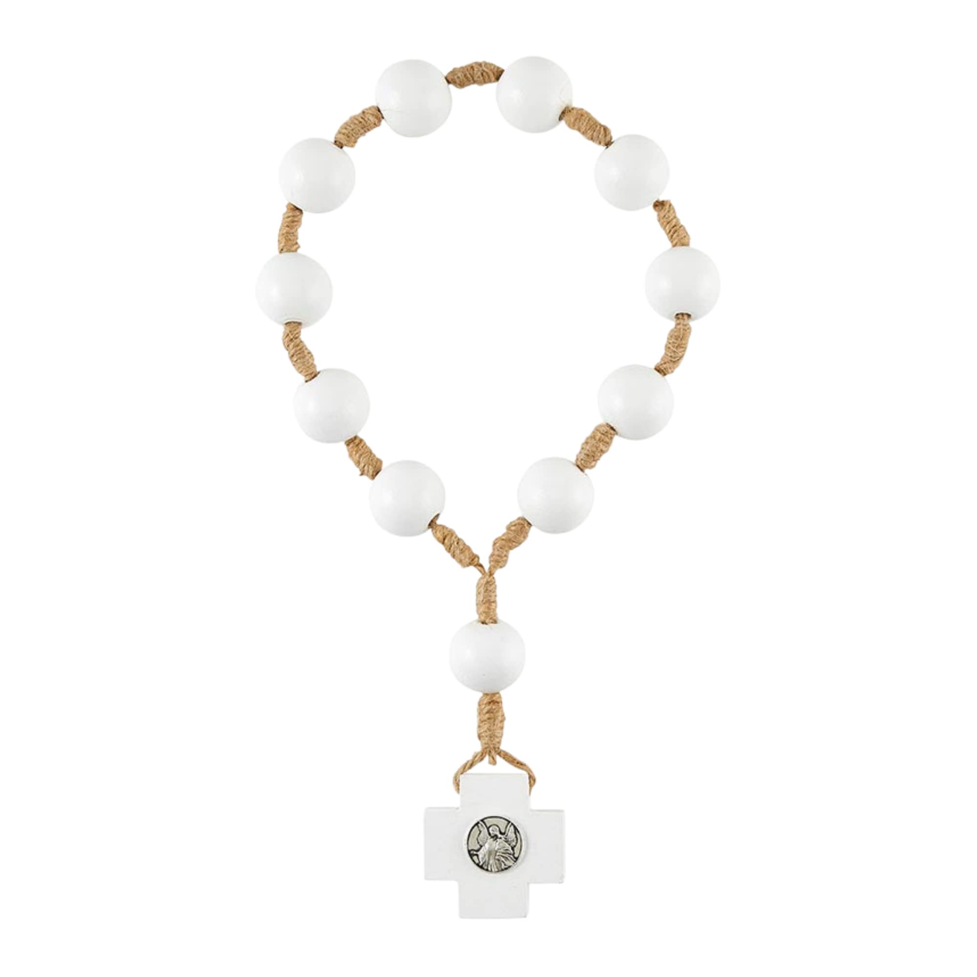 Guardian Angel Door Knob Rosary with Large White Beading, Religious Keepsake Prayer Beads, 12.5 inches