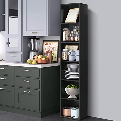 HOFFREE 6-Tier Narrow Bookcase Tall Wood Bookshelf Cabinet Cube Organizer Book Shelves Display Storage Shelves Rack for Small Spaces Home Office Living Room - Black