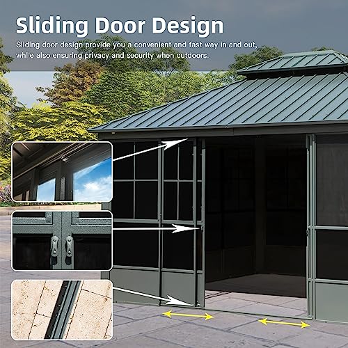 Domi 12x14FT Sunroom,Solarium Aluminum Hardtop Gazebo with Galvanized Steel Double Roof, Lockable Screen House,Moveable PC Screen&Sliding Door for Patio Deck Backyard Lawn