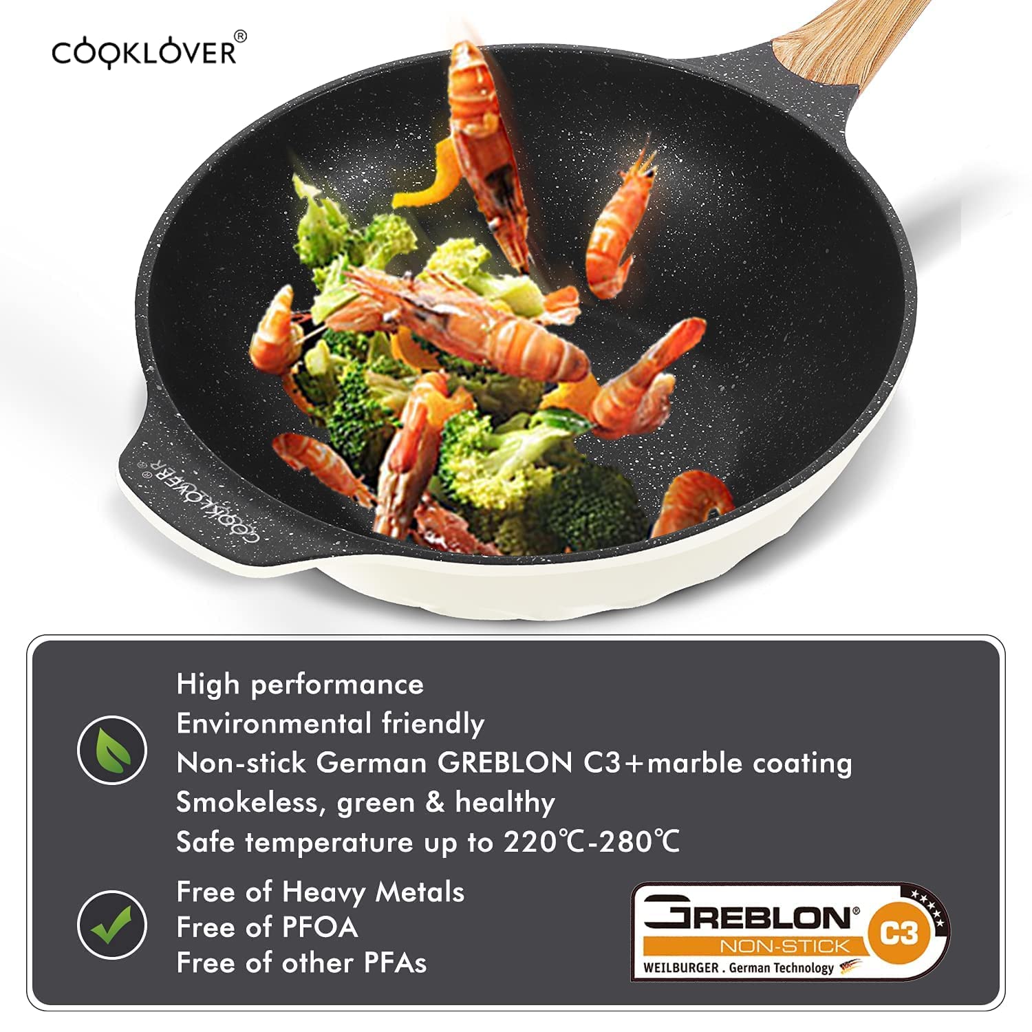 COOKLOVER Nonstick Induction Wok-12.6inch - White & 11 inch Nonstick Stir Fry Pan with Lid β White