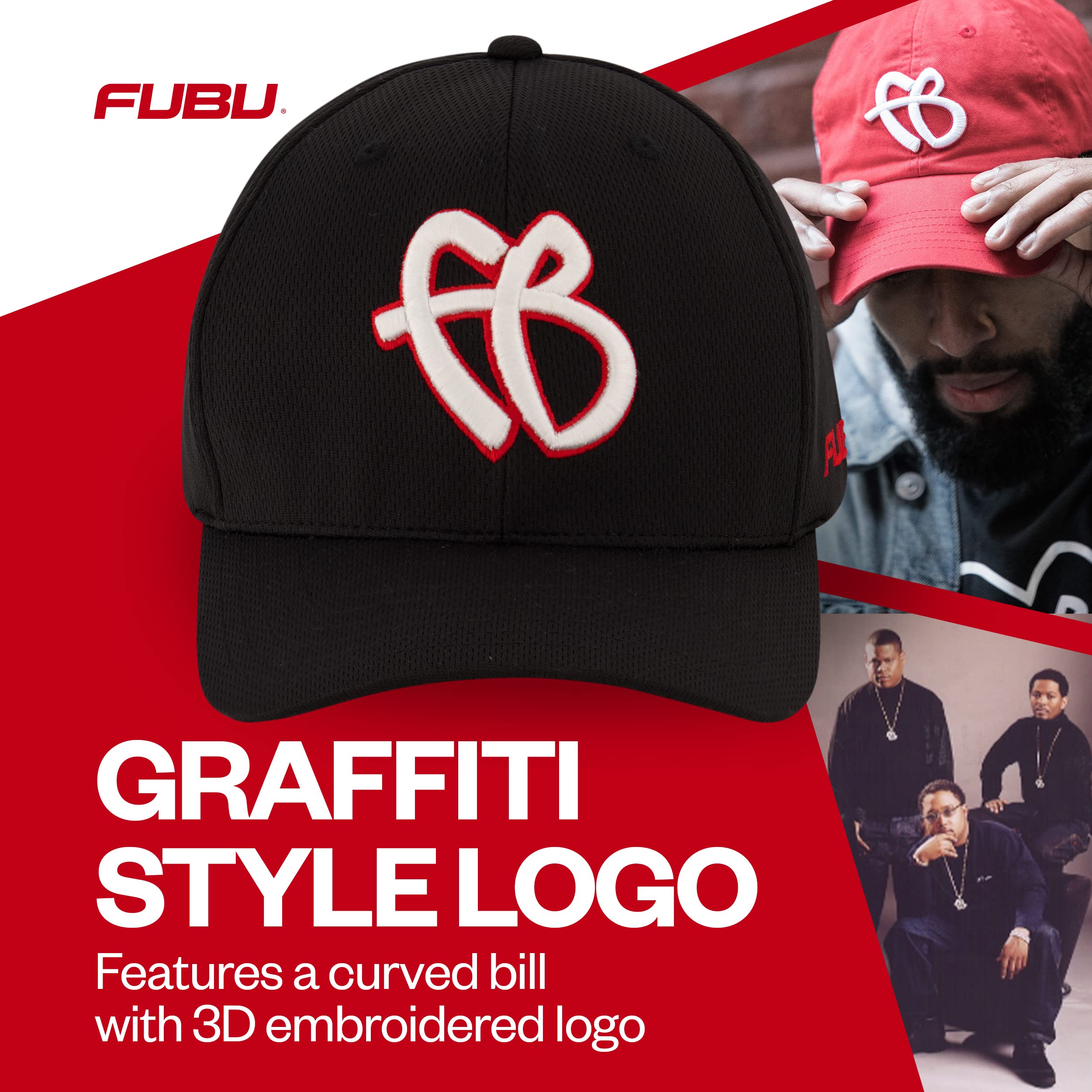 Concept One FUBU Baseball Cap, Active Mesh Adult Flex Fit Hat with Graffiti Style Logo, Curved Brim, Black, One Size