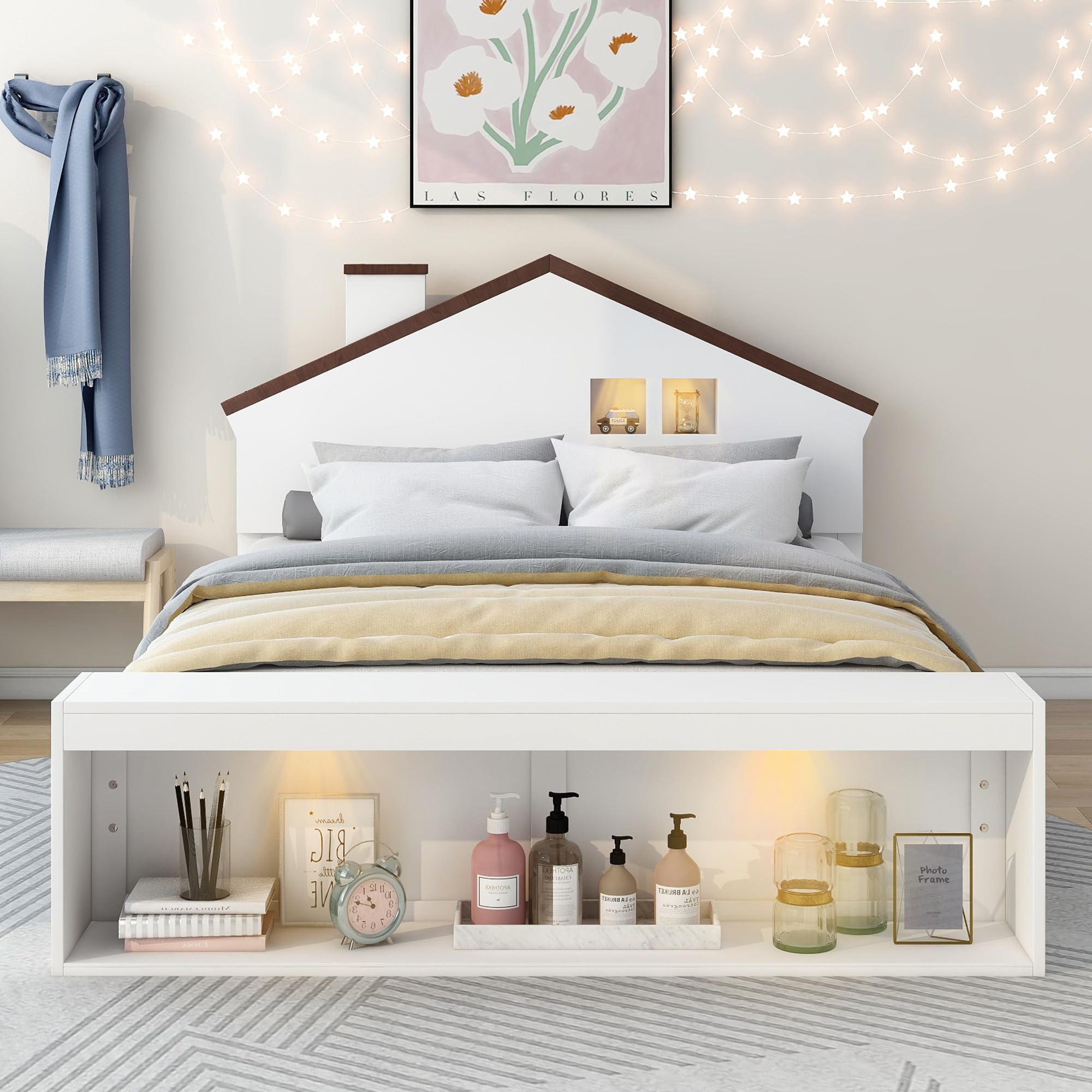 FIQHOME Full Size House Platform Bed,Wooden Kids Full Platform Bed Frame with LED Lights and Storage, Cute Single Full Led Bed for Girls Boys,No Box Spring Needed,White