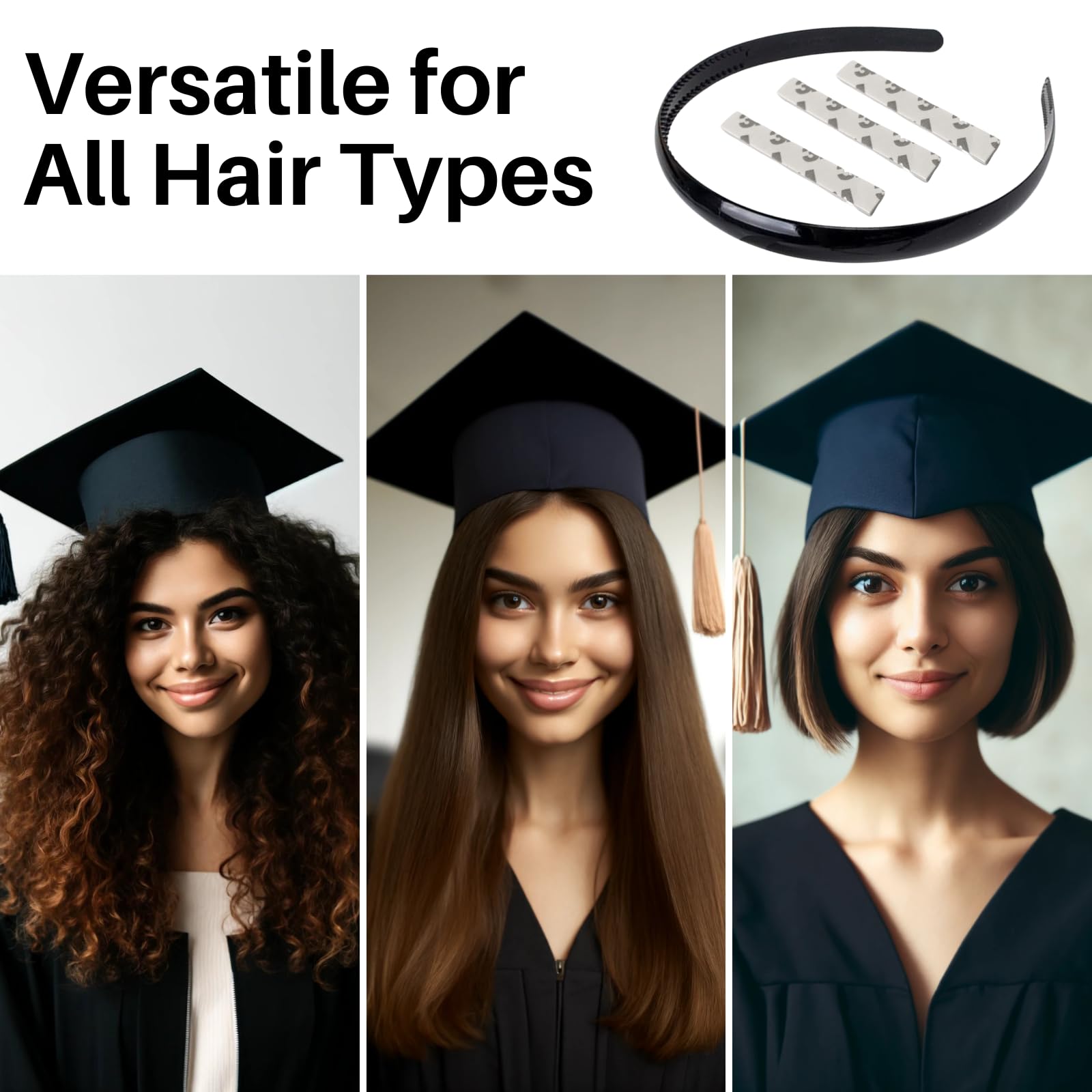CIFOVALE Graduation Cap Headband with Adhesive Strips, Secures Your Graduation Cap Don't Change Hair, Secure Hairstyle, Black