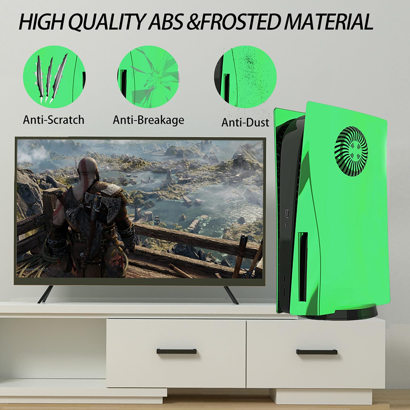 Customized for PS5 Cover Plates Faceplate Plated Green + Multicolor LED Lights Replacement, Compatible with for PlayStation 5 Disc Edition Console, DIY Outer Covers Shells w/ Cooling Windows