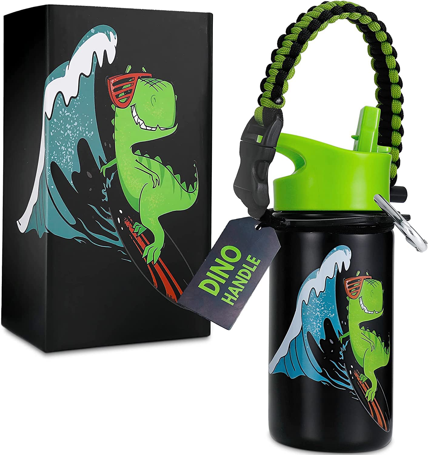Dinosaur Water Bottle, 14 OZ, Leak Proof, 36 Hours Cold, Dishwasher Safe Lid, Removable Handle, Wide Mouth Double Wall Vacuum Insulated Stainless Steel Water Bottle For School, Straw, Bottle For Boys