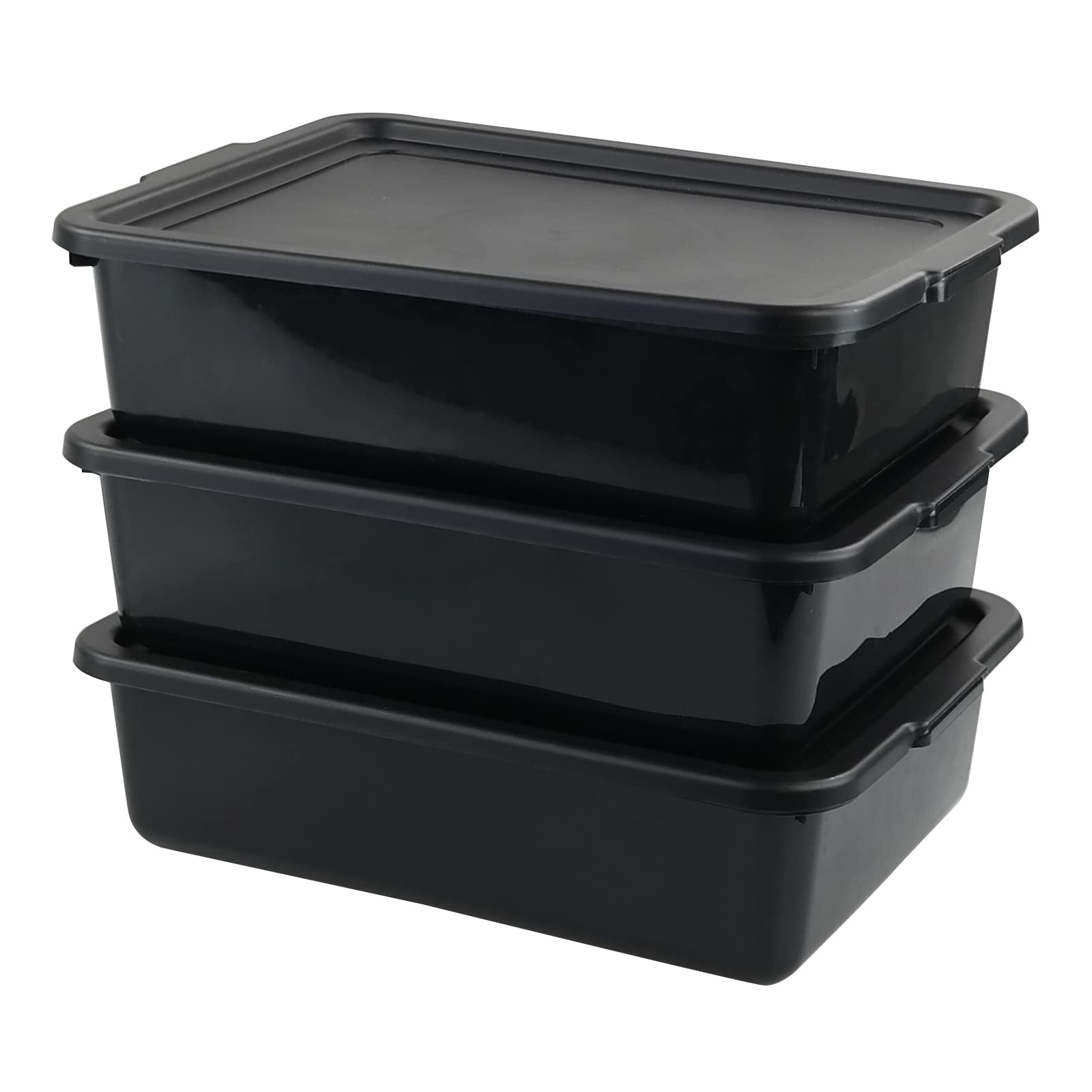 Xyskin Plastic Storage Utility Bus Tote with Lid, Restaurant Commercial Bus Box, 3 Packs, Black