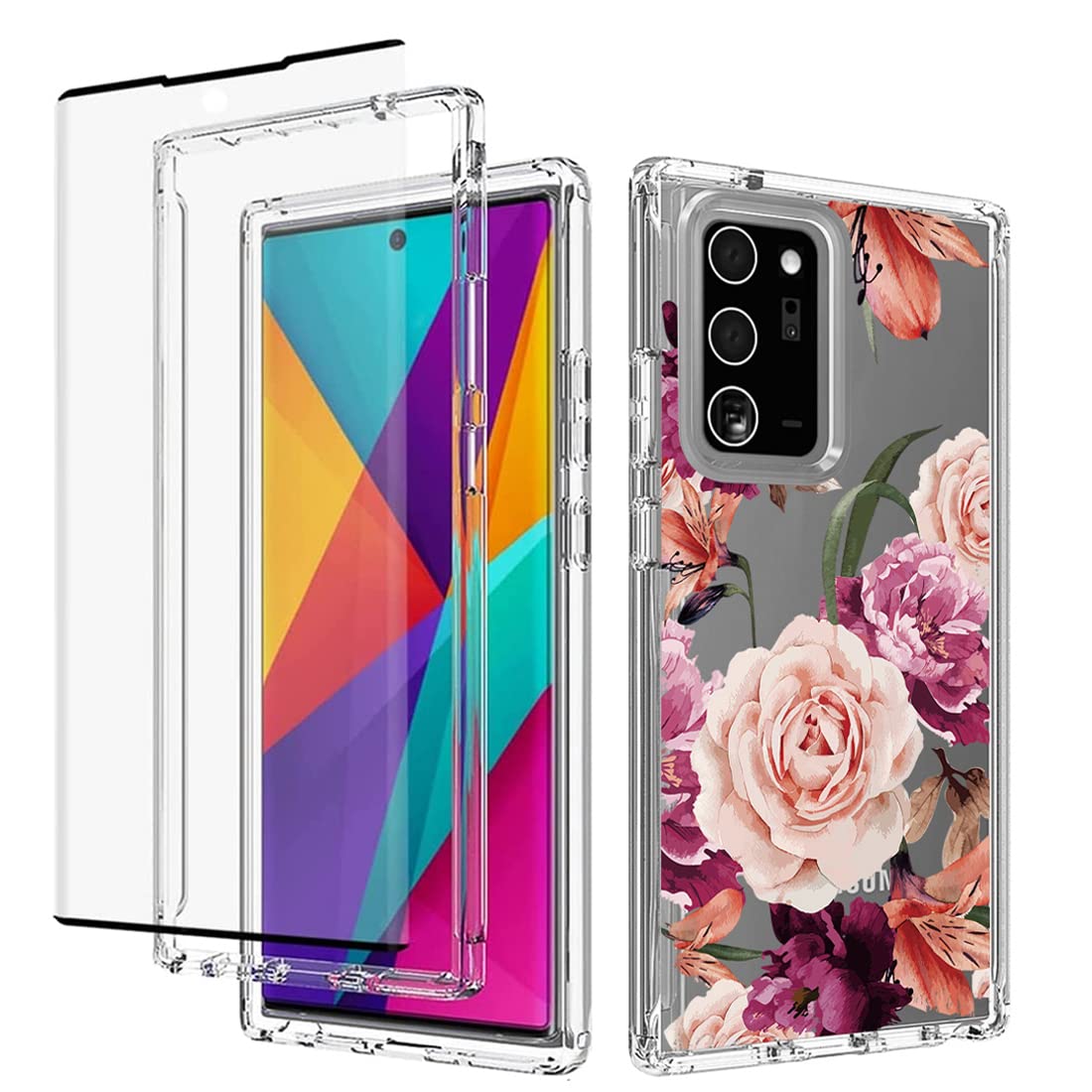 Bohefo Case for Galaxy Note 20 Ultra 5G SM-N986U Case with Tempered Glass Screen Protector,Full Body Cute Floral Shockproof Protective Phone Case Cover for Samsung Galaxy Note 20 Ultra (purple flower)