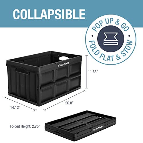 CleverMade Collapsible Storage Bin, Black, 3PK - 46L (12 Gal) Stackable Storage Containers, Holds 66lbs Per Bin - Plastic Storage Bins for Organizing, Closet Storage, Garage Storage