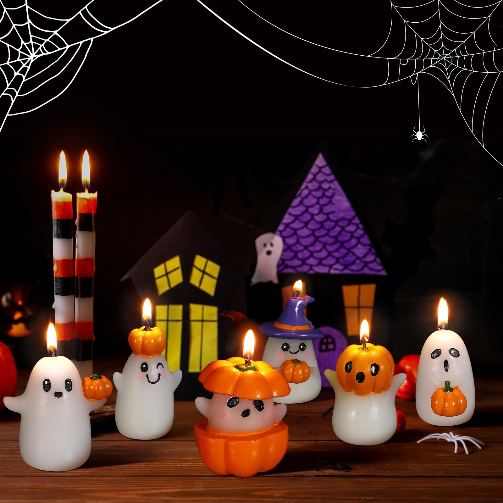 Conelist 6 Pcs Halloween Ghost with Pumpkins Candles Cute Ghost Shaped Halloween Decoration Candles Halloween Spooky Candles for Home Halloween Party Room Table Decorations
