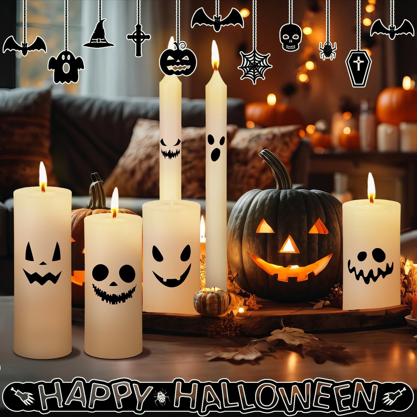Conelist 6 Pcs Halloween Ghost Candles White Spooky Candles Halloween Pillar Candles Ghost Decor Decorative Burning Candles for Halloween Party Dining Table Decorations