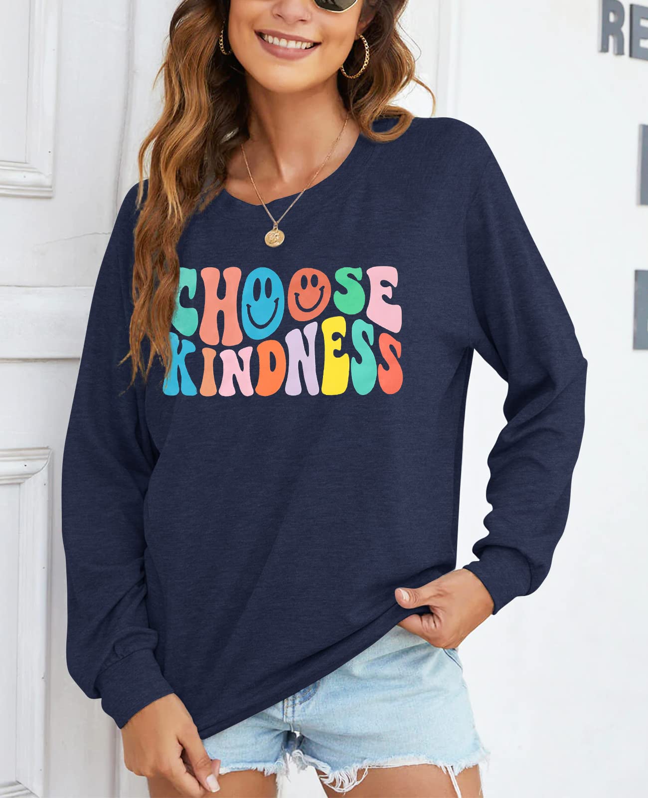 Choose Kindness Shirts Women Inspirational Graphic Tees Funny Casual Be Kind Long Sleeve Tops (Blue, XL)