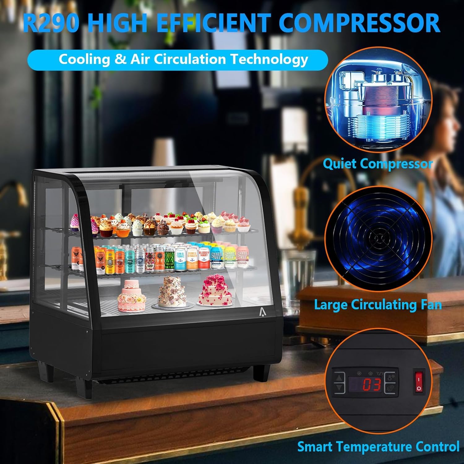 Commercial Fridge Display Refrigerator, 3.6 Cu.Ft./100L Commercial Cake Display Refrigerator, Countertop Refrigerator Display Case with Tempered Glass Door, 2 LED Light and 2 Adjustable Shelves, Black