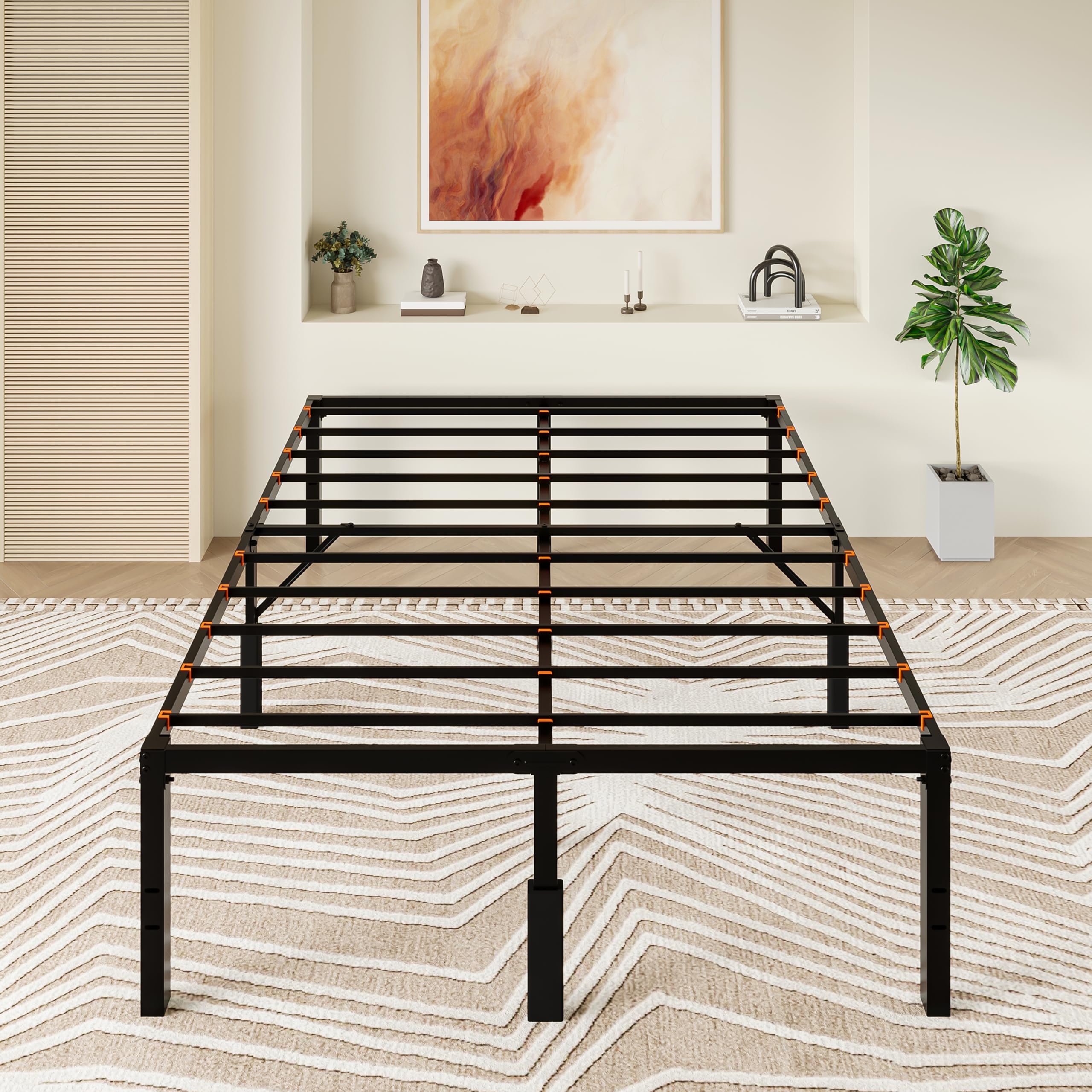 Juyoupro 18in Queen Bed Frame No Box Spring Needed, Platform Bed Frame Queen Size with Toe Protectors, Easy Assembly, Noise Free,Black
