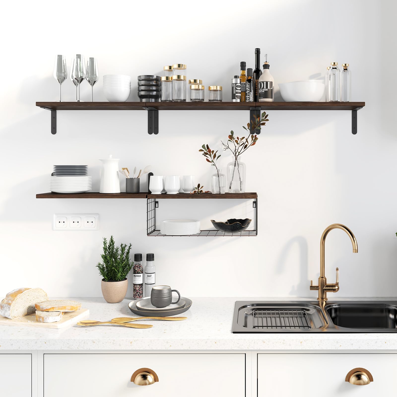 Fixwal 5+1 Tier Bathroom Floating Shelves, Wall Mounted Wood Shelves Over Toilet with Wire Storage Basket, Rustic Wall Decor for Bedroom, Kitchen, Living Room (Dark Brown)