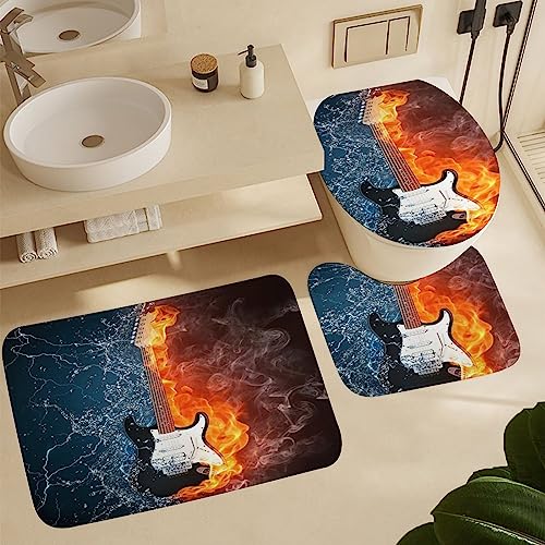 Fantasy Music Theme Guitar Shower Curtain Sets 4 Piece,Boys Room Decor Fire Water Flame Mist Electric Guitar Bathroom Decor Sets with Rugs Include Waterproof Non-Slip Toilet Lid Cover Bath Mat