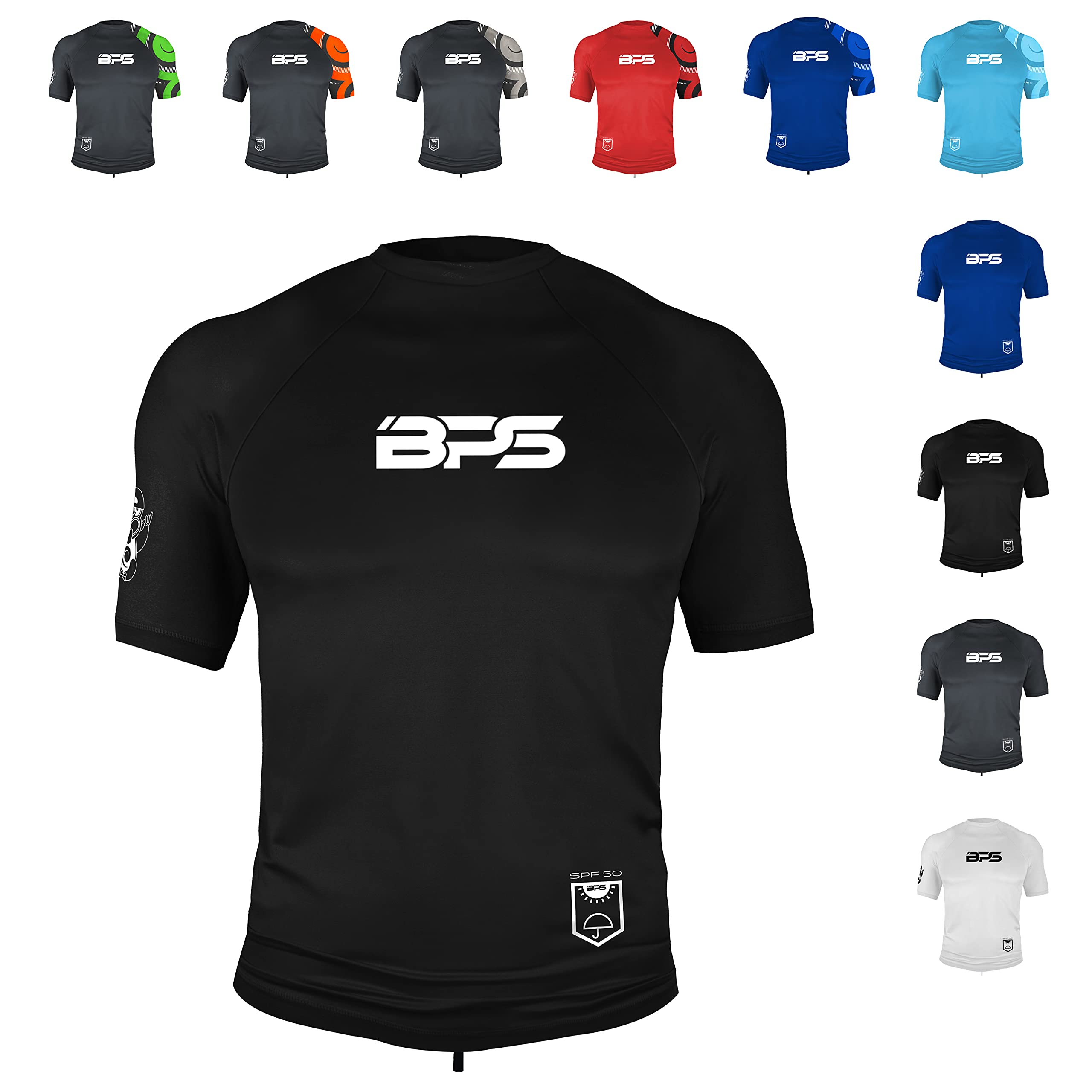 BPS Men's Short Sleeve Swim Shirt/Rash Guard with Sun Protection (Black, XL)