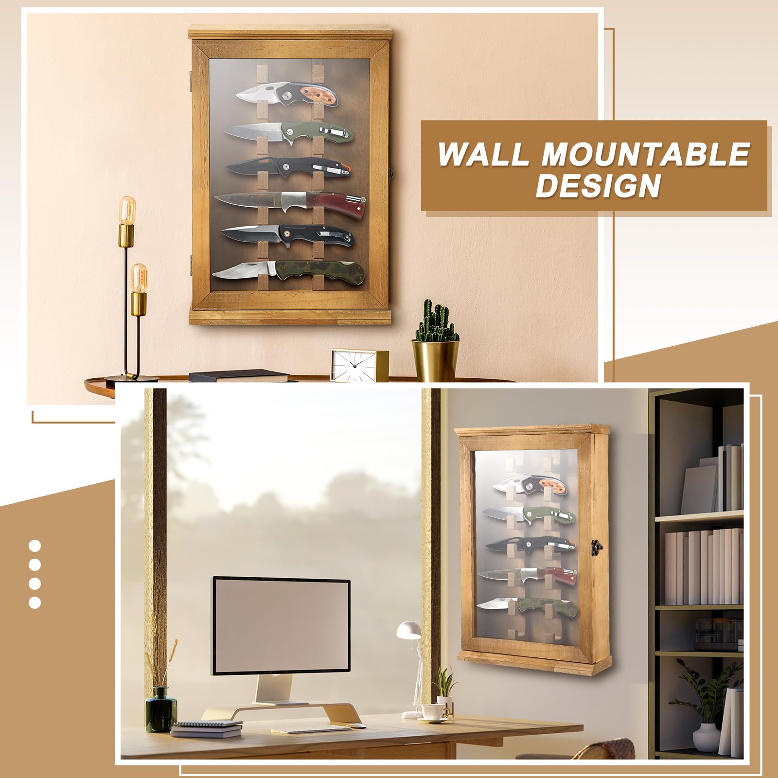 GlikCeil Pocket Knife Display Case with Lockable Clear Acrylic Door, Wall Mount Wooden Knife Display Stand, Knife Holder Display Cases for Collection, Storage, Military Folding Knife Shelf Shadow Box