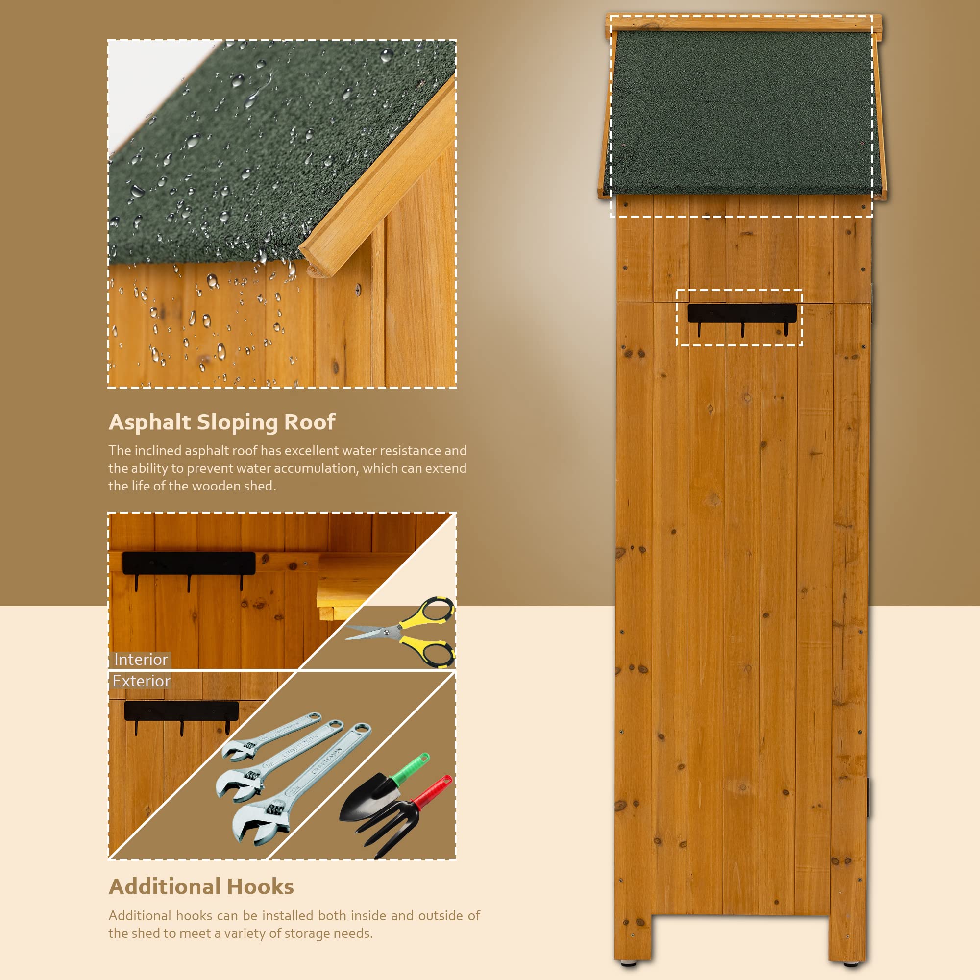 Tmsan Outdoor Storage Cabinet, Small Vertical Tool Shed, Waterproof Wood Box for Patio, Garden, Backyard, Natural