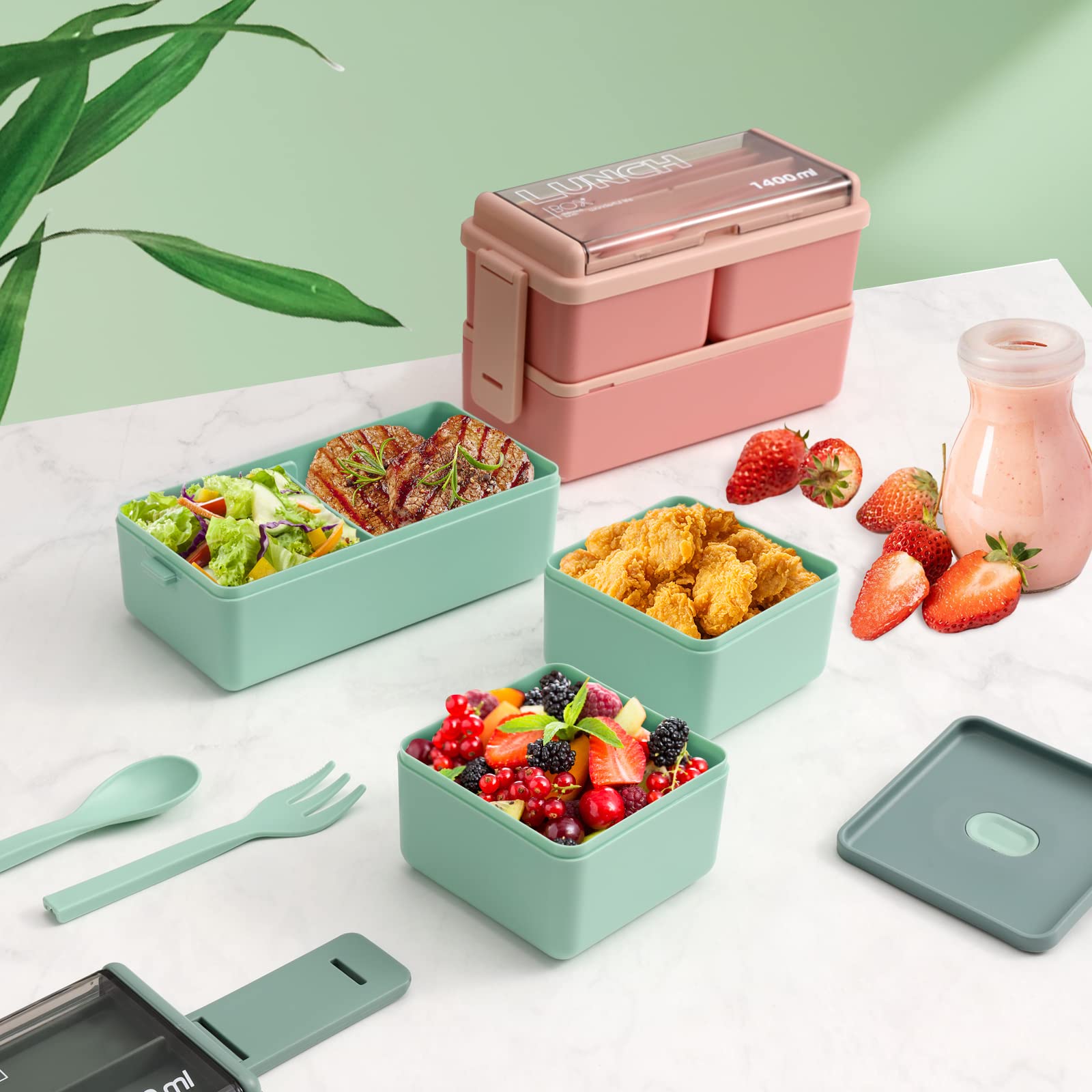 CHZZMS 2 Pack Bento Box Adult Lunch Box,49OZ Leakproof Eco-Friendly Stackable Bento Lunch Box Meal Prep for Dining Out, Work, Picnic, School (green+pink)