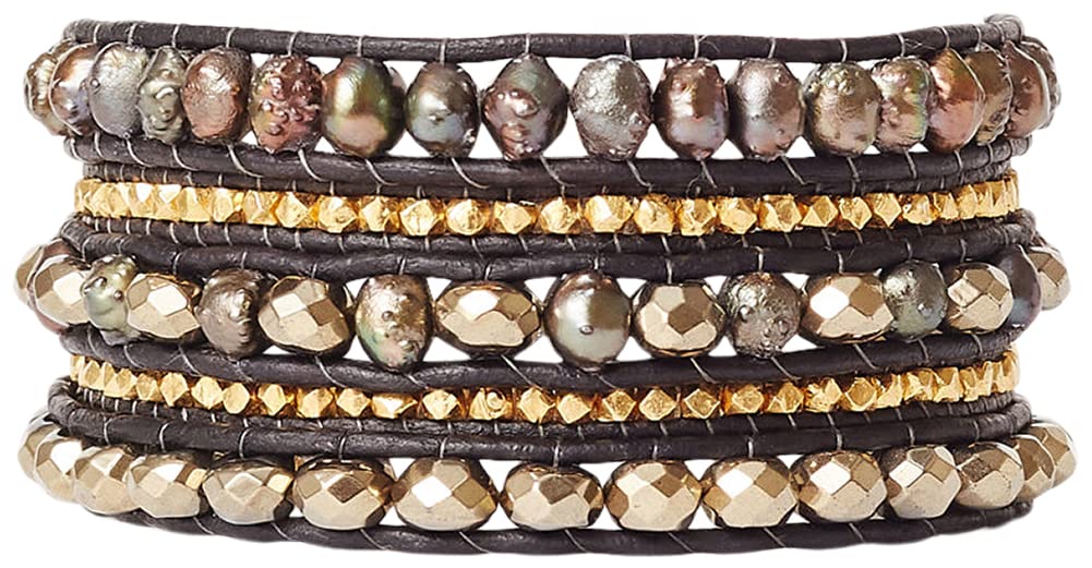 Chan Luu Pyrite Mix and Pearl Wrap Leather Bracelet