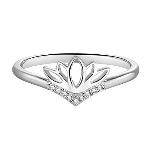 BORUO Sterling Silver Ring Stackable Lotus Ring Lotus Cubic Zirconia Ring- Pure 925 Silver Rings For Women- Elegant Lotus Sterling Silver Rings for Special Occasions CZ Ring 1.6mm Size 5