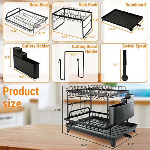 kenvc Dish Drying Rack,Dish Rack Kitchen Counter,Dish Racks for Kitchen Counter,Board Holder, 6 Cup Holder,Removable Large Capacity Dish Drainer, Rust-Proof Dish Drainer, Black