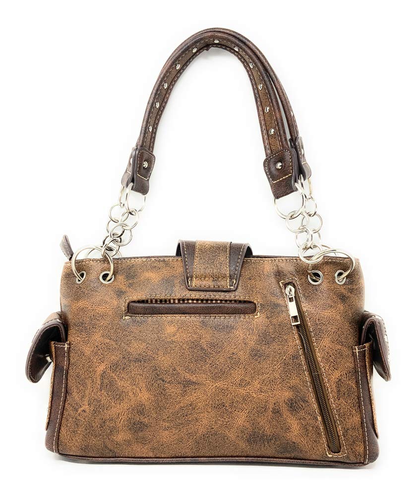Premium Western Rhinestone Concealed Carry Buckle Floral Womens Shoulder Handbag Purse in Multi Color (Brown)