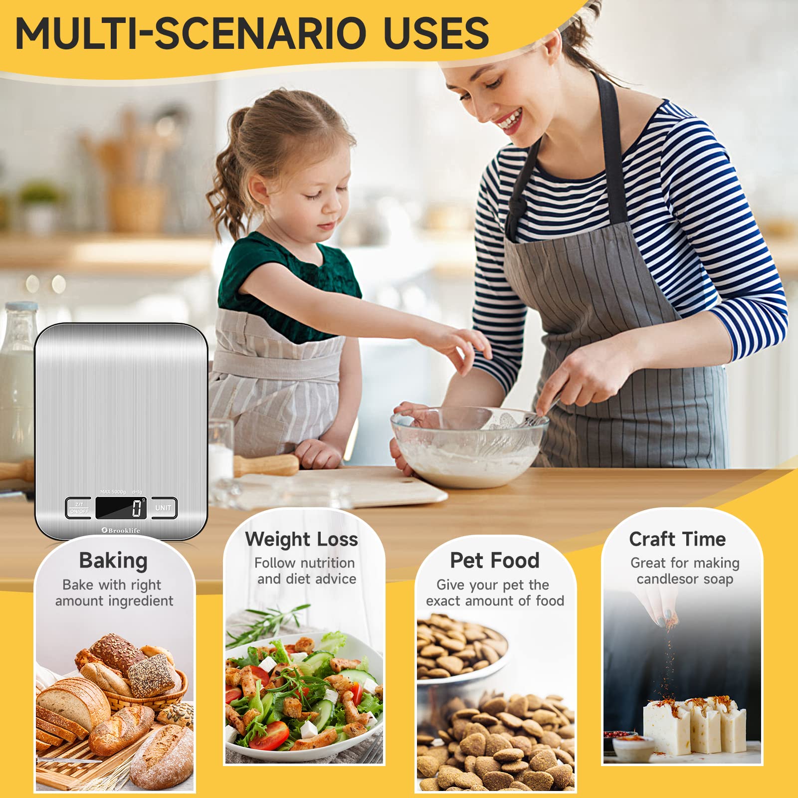 Brooklife Compact and Large Digital Kitchen Scales, Food Scales, for Baking and Cooking, Food-Grade Stainless Steel, Built-in AAA Batteries included, 6 Units with Tare Function (Large)
