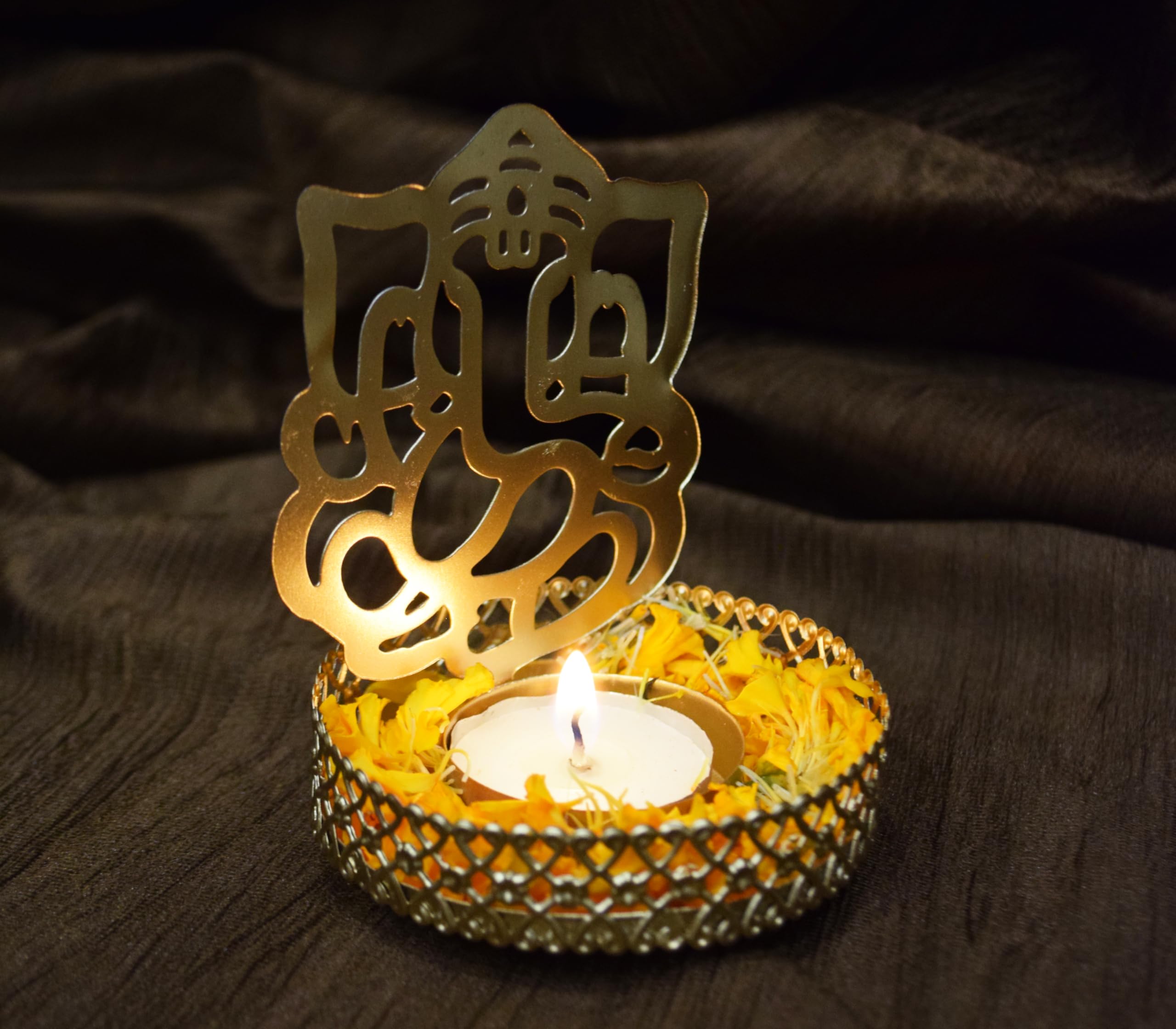 Decorative Ganesha Tea Light with Perforated Gold-Tone Base, Diya, Indian Diwali Celebration, Festival, Happy Diwali