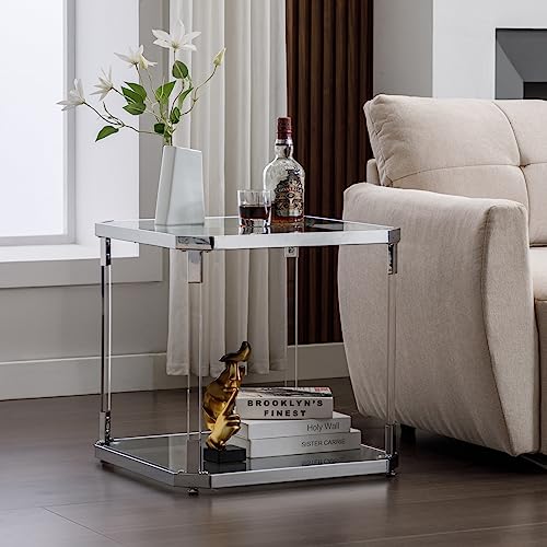 MINPINSER Glass Side Table-Silver Chrome End Table Clear Acrylic Nightstand for Living Room Bedside Bedroom