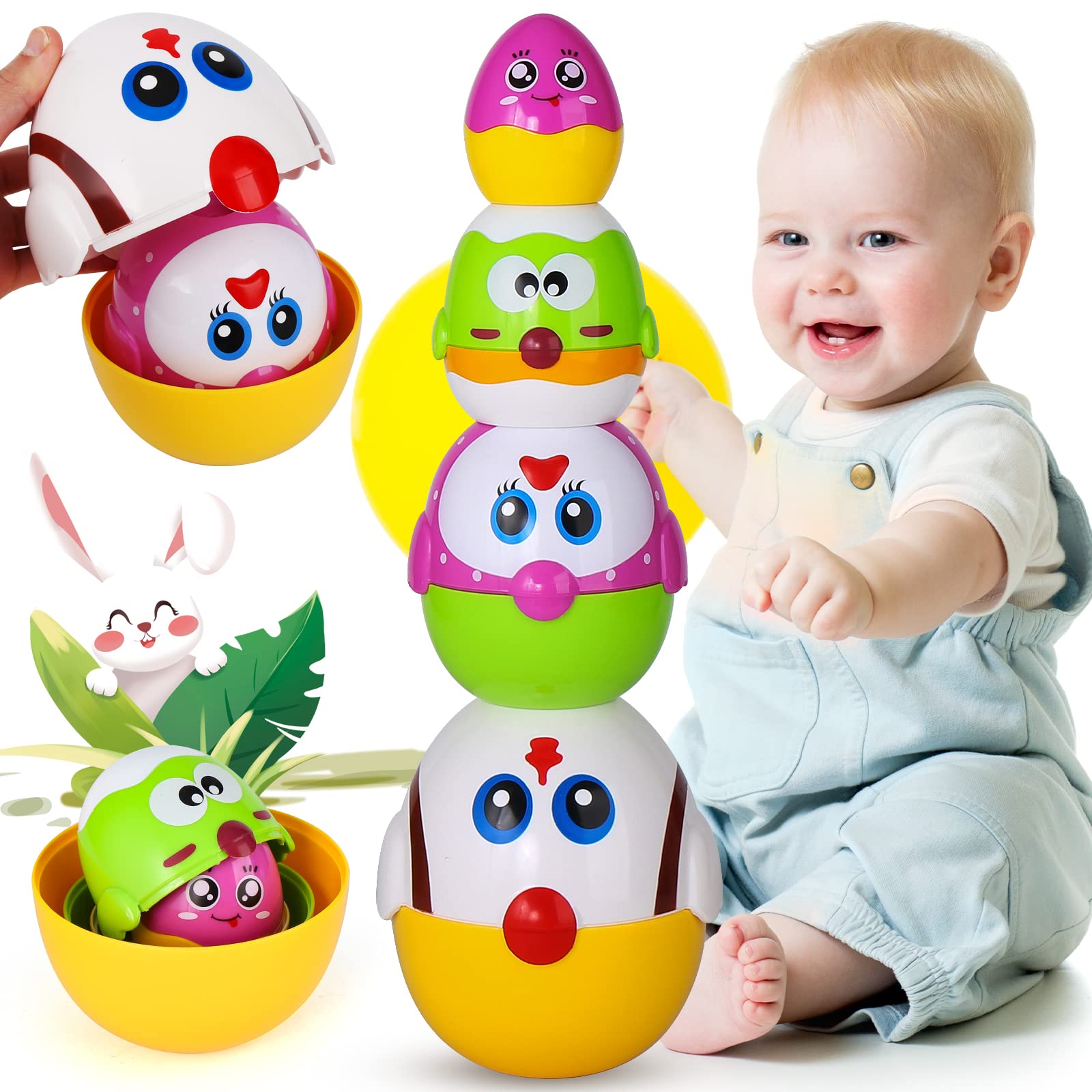 CAPTAIN CHAOWING Easter Egg Toys for Toddlers,Easter Nesting & Stacking Eggs,Easter Basket Stuffers for Baby 18 Months+, Easter Chicken Matching Toys,Easter Gift for Kids 1 2 3 Years Old