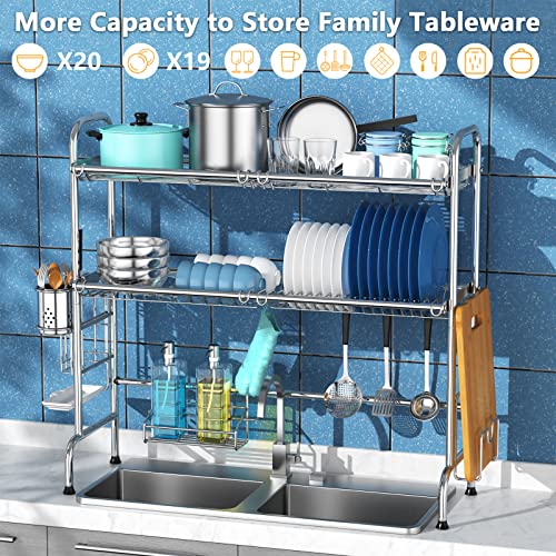KETAZERO Over The Sink Dish Drying Rack, 2 Tier Stainless Steel Dish Drainer Rack with Cutting Board Holder Help You Save More Counter Space