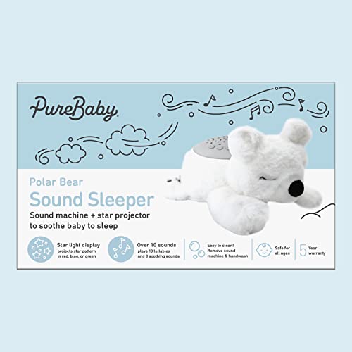 Pure Enrichment® PureBaby® Sound Sleeper Portable Sound Machine & Star Projector - Plush Sleep Aid with Night Light, 10 Lullabies, White Noise, Heartbeat, Birds & More for Baby & Toddlers (Polar Bear)