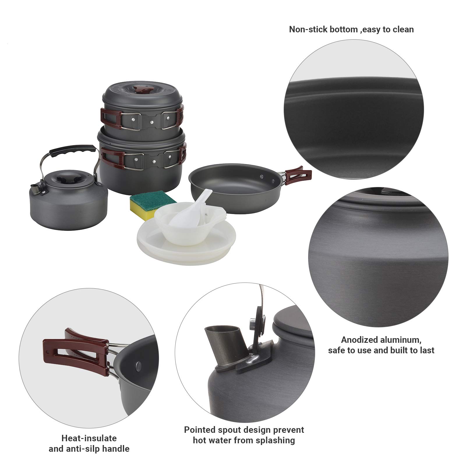 Bulin Camping Cookware Mess kit, Backpack Portable Campfire Cooking Pots Pans Kettle Set, Durable Lightweight Aluminum Cook Gear for Open Fire Hiking, Outdoor, Picnic (BPA Free Bowls, Plates)