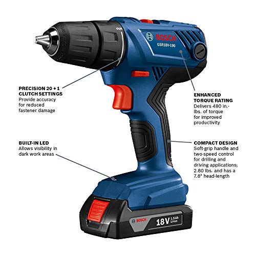 Bosch 18V Compact 1/2" Drill/Driver Kit with (2) 1.5 Ah Slim Pack Batteries GSR18V-190B22 and 34-Piece Drilling and Driving Mixed Set with Storage Case MS4034