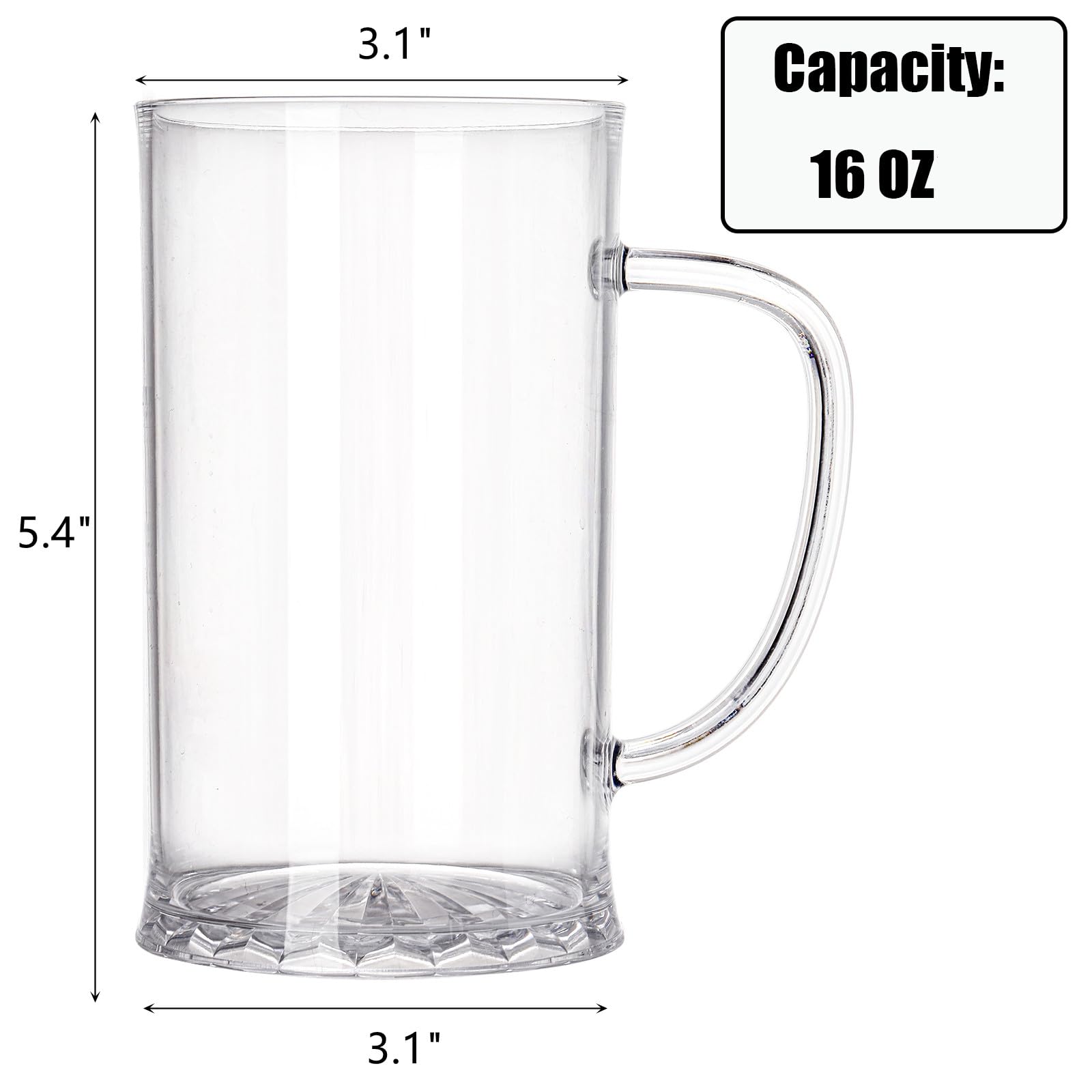 ZEAYEA Set of 6 Plastic Beer Mug, 16 oz Acrylic Beer Drinking Cups with Handle, Clear Reusable Beer Stein Glasses for Party Bar Home Hotel Whiskey Juice Cocktail Beverages