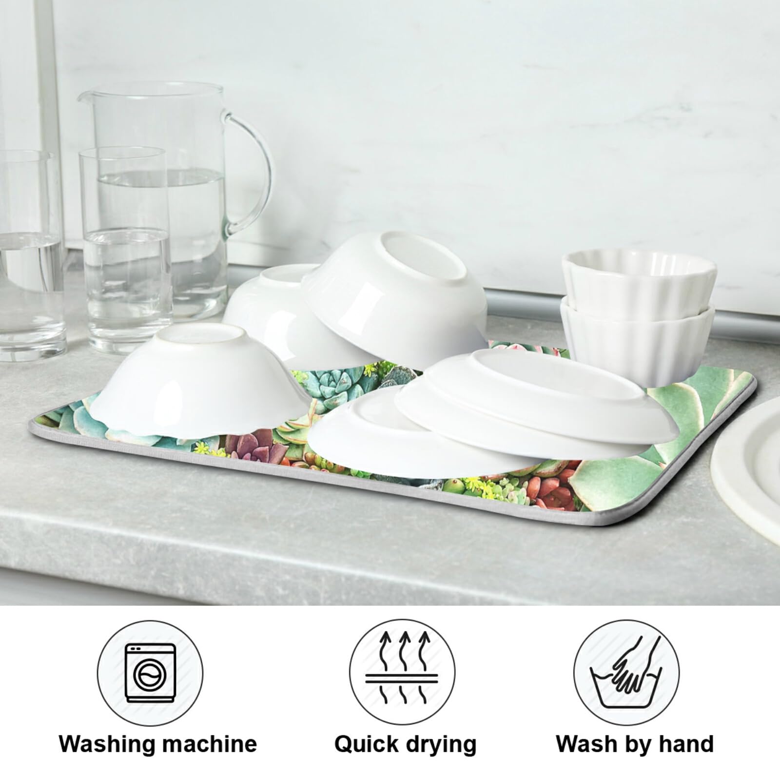 Dish Drying Mat For Counter Colorful Succulent Fast Draining 16 x 18 Inch Can Folded for Kitchen