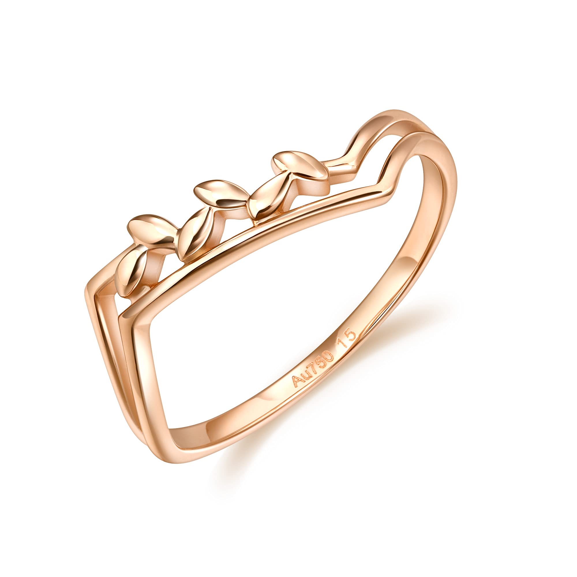 CHOW SANG SANG Delicate Gold 18K Rose Linear Waves with Cute Leaves Rings for Women 92787R (Our Size 17 / US 7.75)