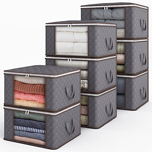 Fixwal 8 Pack Blanket Storage Bags Foldable Clothing Storage with Reinforced Handles Sturdy Zippers Storage Containers for Clothes Pillow Dorm Bedroom, 60L, Gray