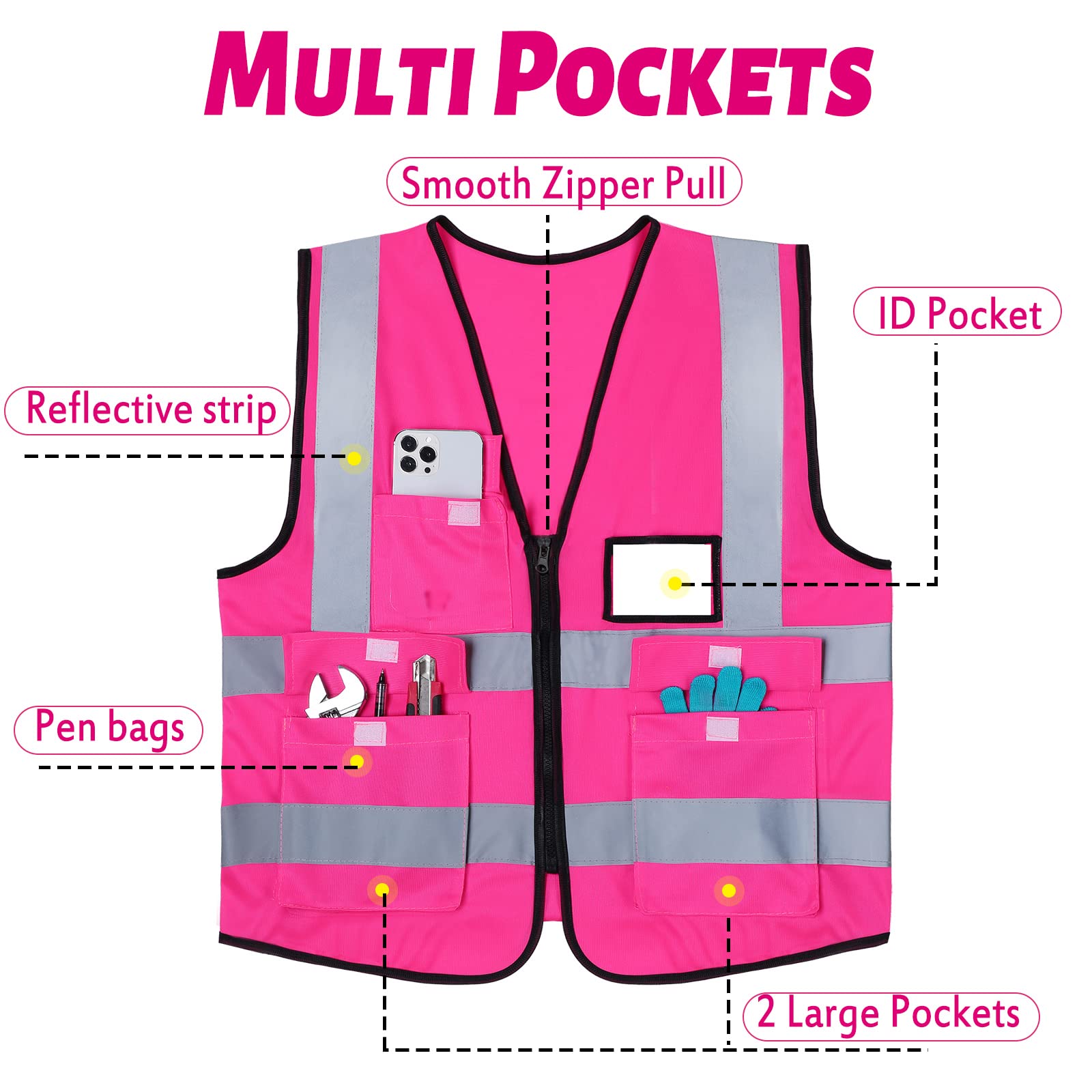 EBOOT 10 Pcs Safety Vests High Visibility Safety Vest with Reflective Strips, Neon Vest Construction Vest with Pockets (Pink)