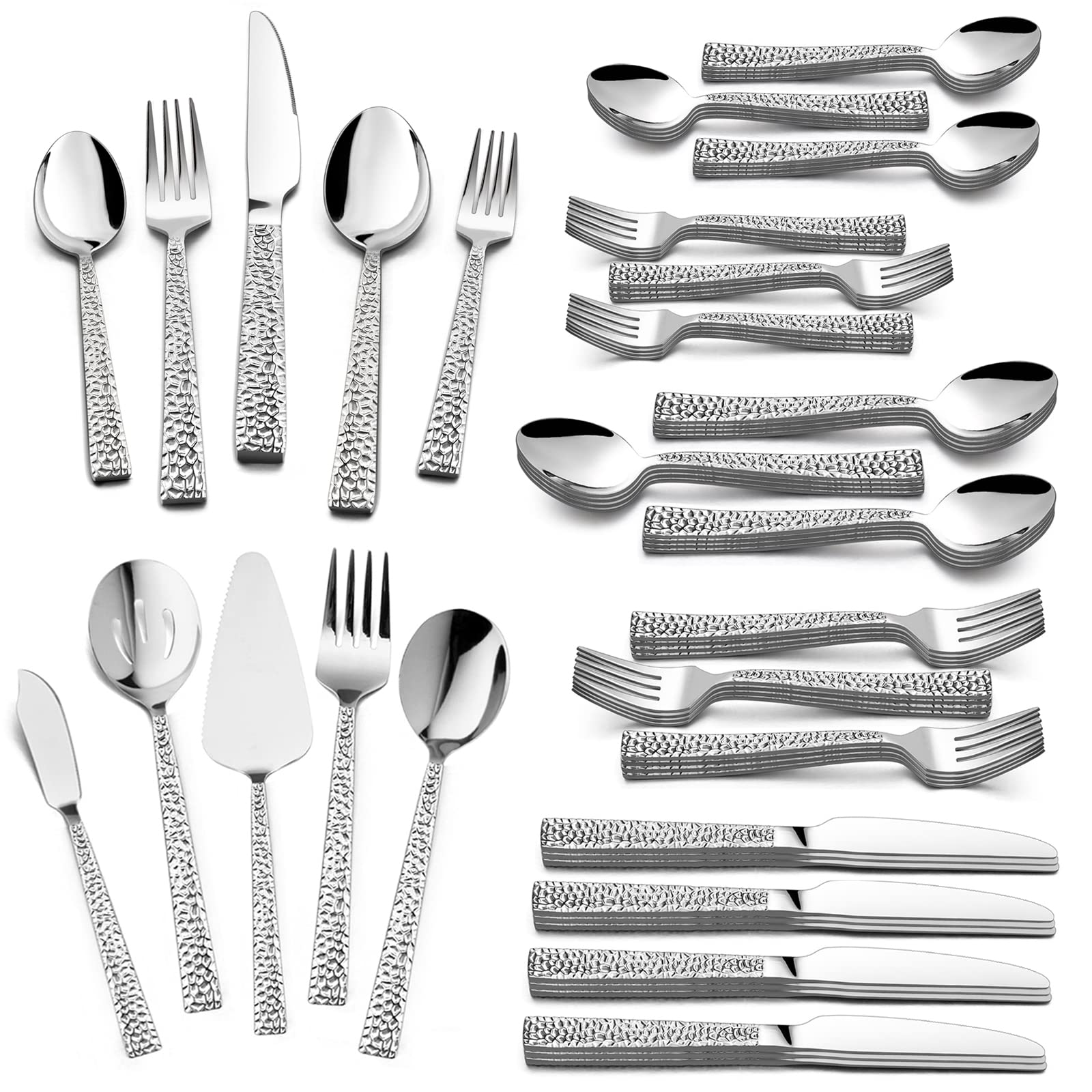 HaWare 65-Piece Hammered Flatware Serving Set, Stainless Steel Silverware Cutlery Set for Home/Hotel/Restaurant, Service for 12, Elegant & Classic Design, Dishwasher Safe-Square Edge