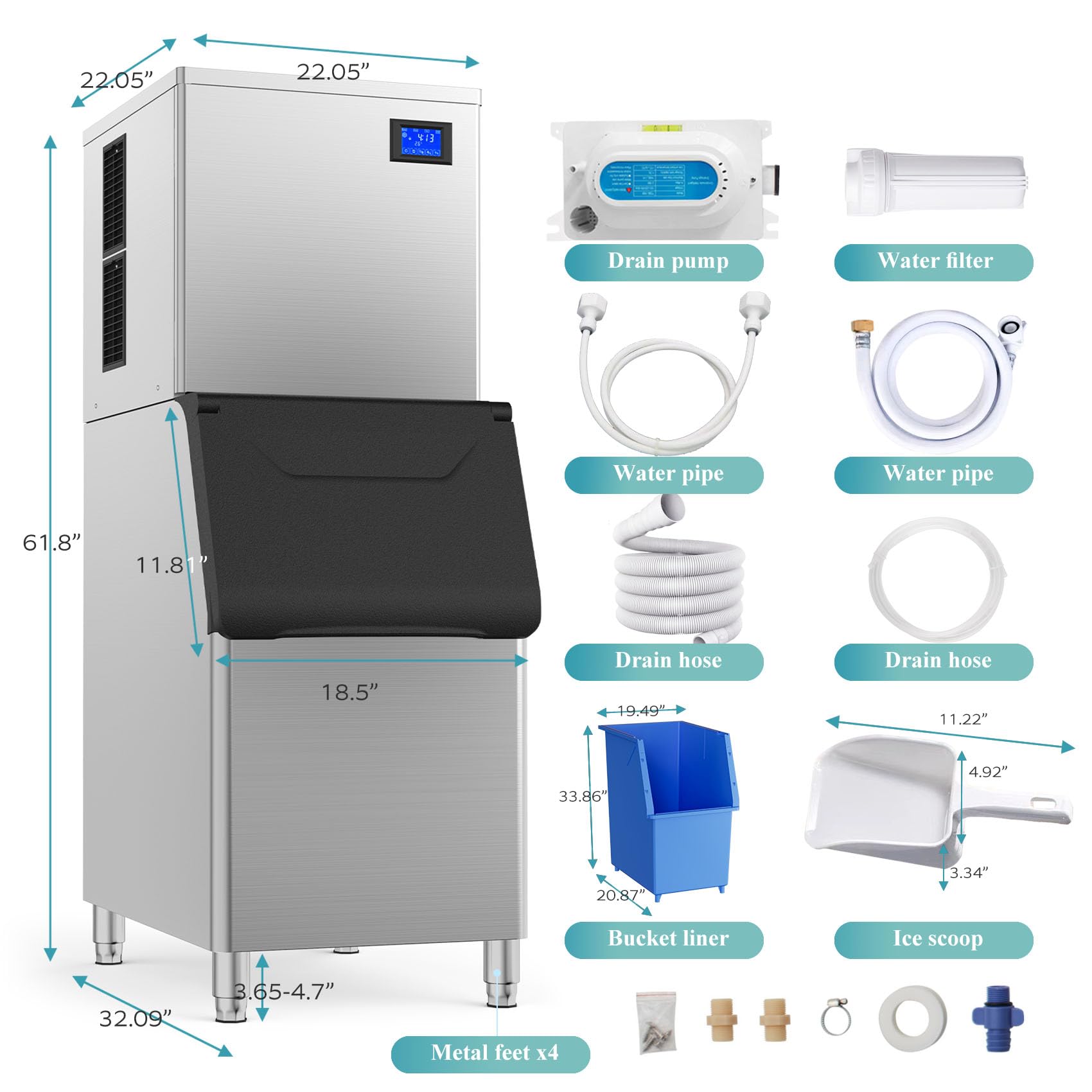 Commercial Ice Maker 400Lbs/24H Commercial Ice Machine with 400LBS Large Storage Bin for Business Cafe Bar 3-Year-Warranty (400Lbs/24H)