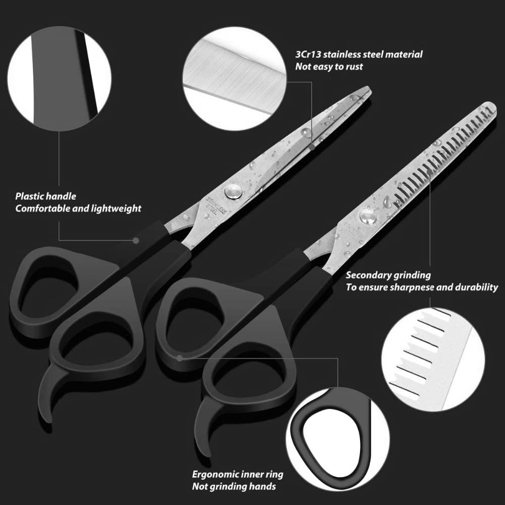 Cinlla Hair Scissors Hair Cutting Scissors Thinning Shears Haircut Barbers Salon Hair Styling Tool - 6 Inch Scissors Black with Comb