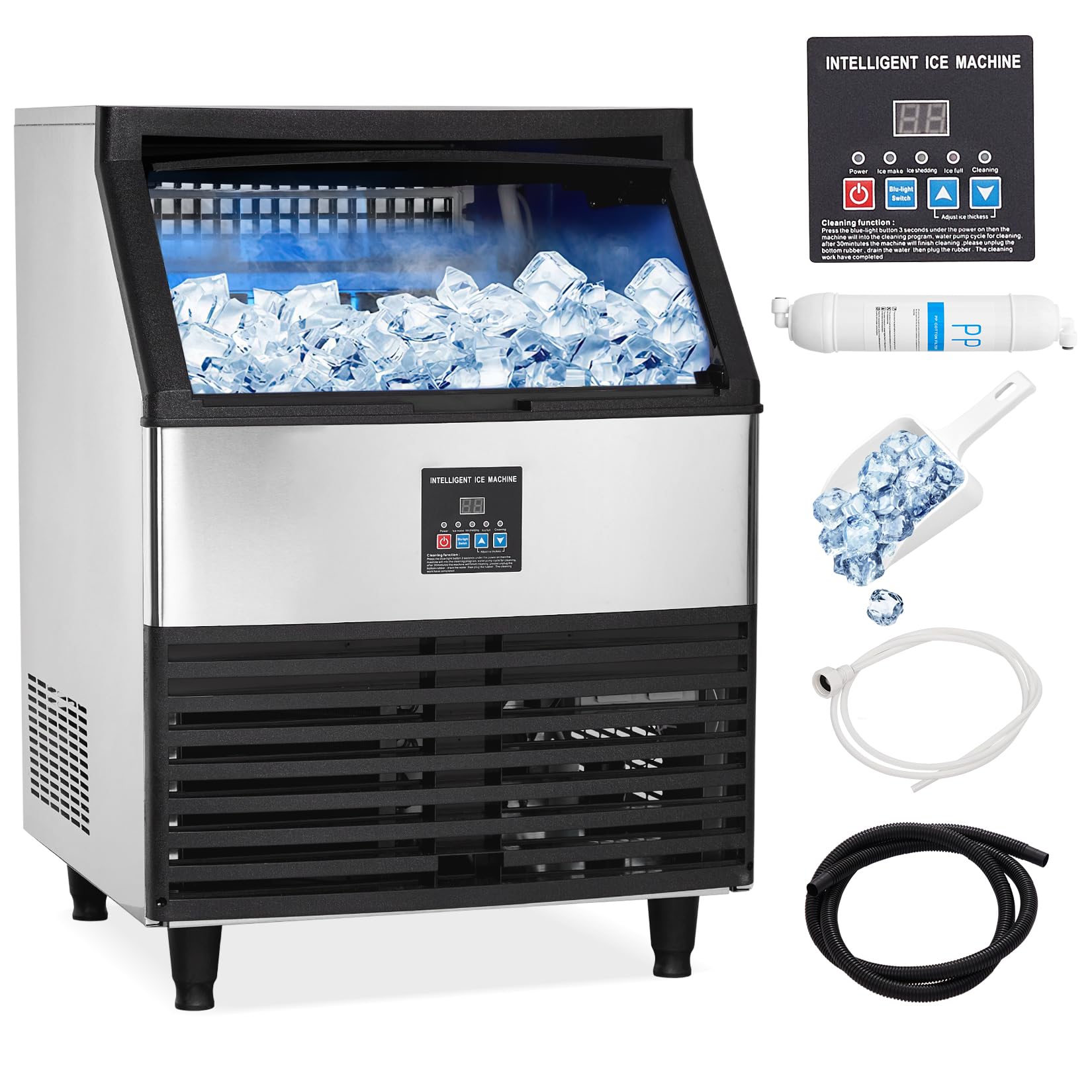 Commercial Ice Maker Machine 300lbs/24H, with 100lbs Ice Storage Capacity, Under Counter Stainless Steel Ice Machine, Self Cleaning, Freestanding Industrial Ice Maker with Ice Scoop, Self-Cleaning