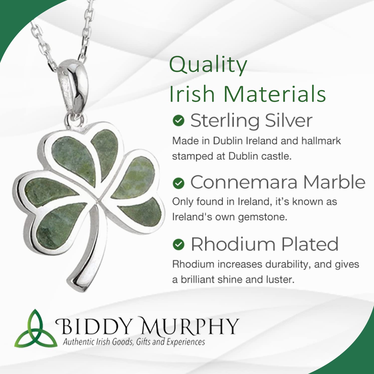 Biddy Murphy, Women's Irish Shamrock, Lucky Three Leaf Clover 925 Sterling Silver Pendant 18" Inch Necklace with Connemara Marble Inlay