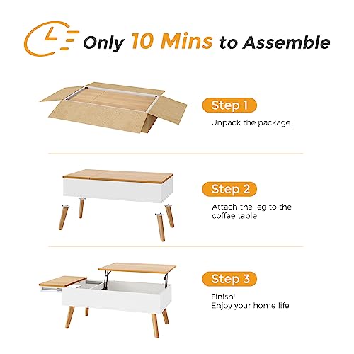 Bidiso Lift Top Coffee Table, Ten Minute Install Coffee Table Center Table with Hidden Storage Compartments, Rising Tabletop Dining Table Coffee Table for Living Room,Oak