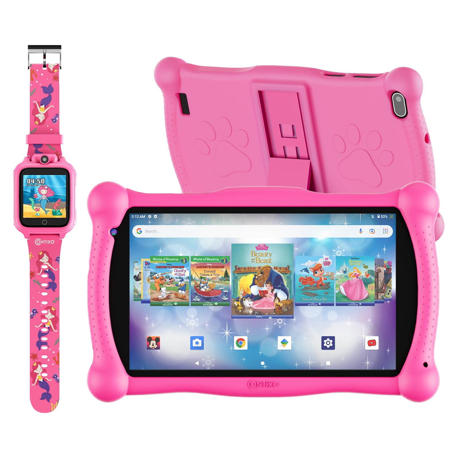 Contixo Kids Tablet, V10 7 Inch Tablet for Kids and Smart Watch Bundle, 2GB 32 GB Toddler Tablet with Bluetooth, with Smart Watch/Touch Screen, Camera, Video and Audio Recording, MP3 Player-Pink